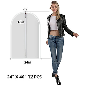 MsKitchen Clear Garment Bags Clothes Covers Protecting Dusts (Set of 12) for Storage Plastic Garment Bags Hanging Clothes Bags Dress Bag for Gowns Long with Zipper for Closet - 24'' x 40''/12 Pack