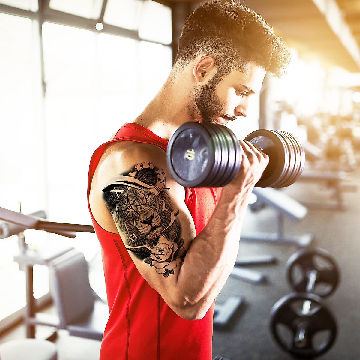 Hotoyannia 82 Sheets Large-Size Black Temporary Tattoos Stickers, Includes 10 Large-Size Fake Tattoos That Look Real and Last Long, Halloween Tattoos Include Wolf Lion Tiger Skeleton Skull Tattoos