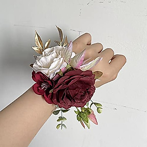 Rinlong Set of 6 Burgundy Wrist Corsage Wristlet Band Bracelet Wrist Flowers Wedding Bride Bridesmaid Flower Accessories Decoration