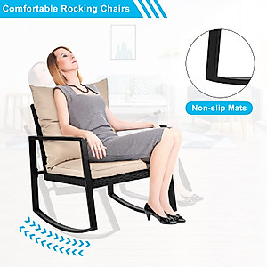 Dkeli Outdoor Rocking Chairs 3 Pieces Pe Wicker Bistro Sets with Glass Coffee Table Front Porch Furniture Rocking Chairs Set of 2 for Backyard Porch Balcony Lawn, Beige Cushion