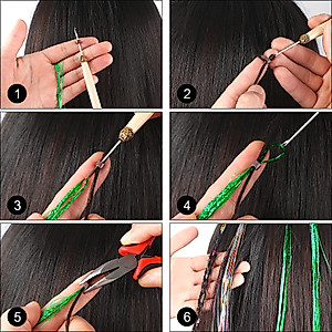 FEBSNOW 47 Inches Tinsel Hair Extension with Tool 3600 Strands 18 Mixed Colors Hair Extension Tinsel Kit Glitter Hair Extensions for Women Girls Hair Accessories for Christmas New Year Cosplay Party