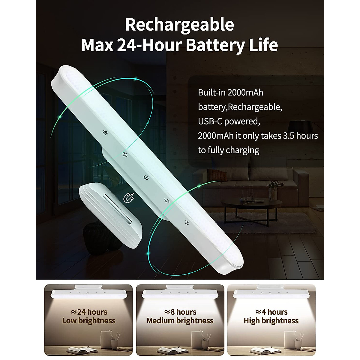 Under Counter Lights for Kitchen,1000LM 2000mAh Under Cabinet Lighting Touch Control Magnetic Closet Light Adjustable Color Temperature/Brightness Rechargeable Light for Kitchen,Shelf,Cabinet