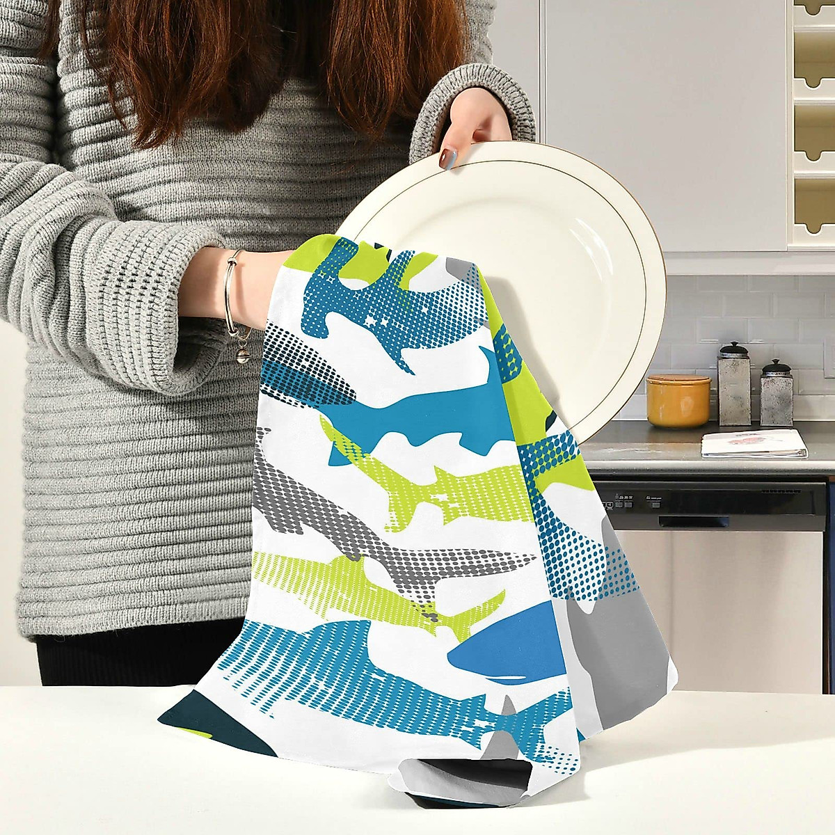 xigua Shark Kitchen Towels Set of 1, Soft Absorbent Drying Dishcloths Dish Towels with Hanging Loop for Kitchen Bathroom Bar Home Decor, 18 x 28 Inch