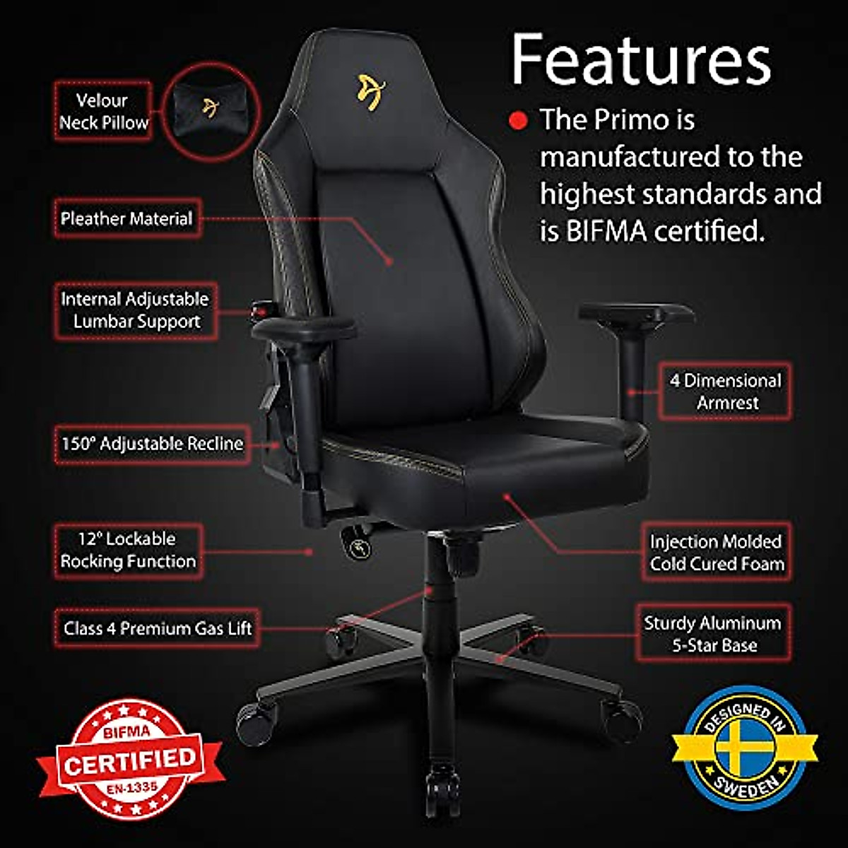 Arozzi Primo Premium PU Leather Gaming Chair Office Chair with Recliner Swivel Tilt Rocker Adjustable Height 4D Armrests Neck Pillow and Built-in Lumbar Adjustment - Black with Gold Accents