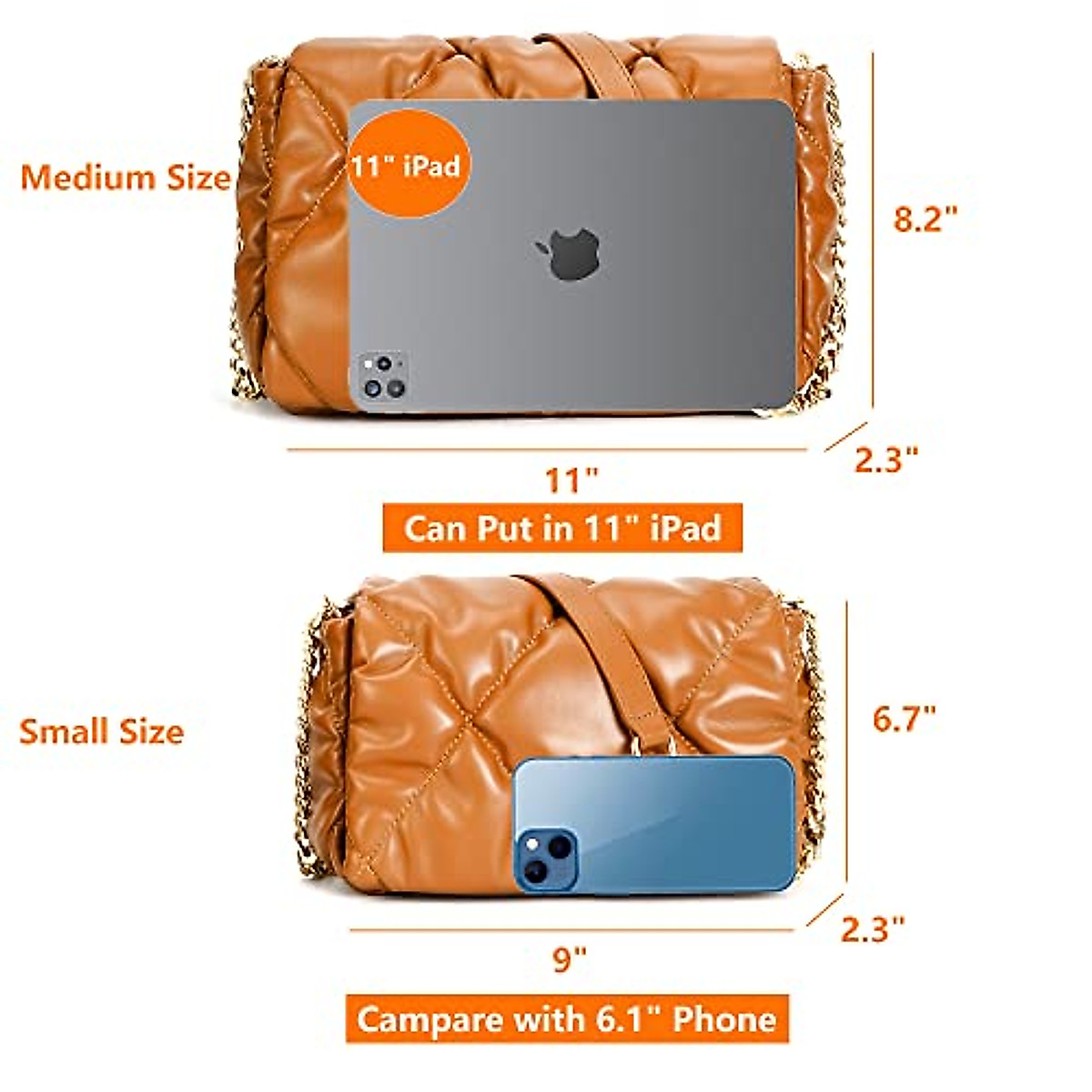 Herald Quilted Pillow Shoulder Bag for Women with Chunky Chain Padded Puffer Puffy Trendy Ruched Crossbody Handbag Side Purse (Medium Size)