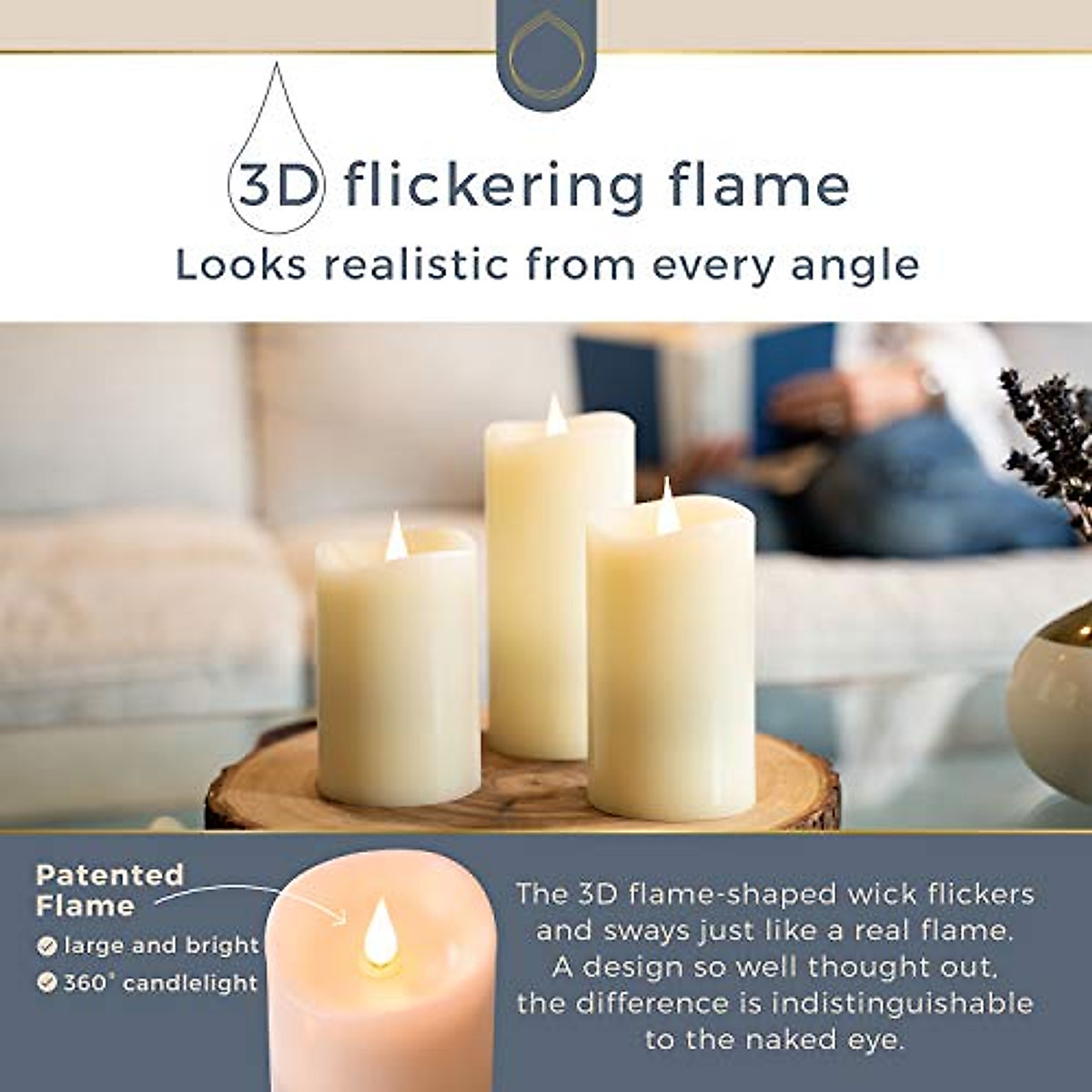 Simply Collected Flickering Flameless Candles Battery Operated with Timer, 800+ Hours Realistic 3D Moving Flame, Battery Candles, Electric LED Candle, Real Wax Pillar, Unscented | Ivory - 3x5 Inches