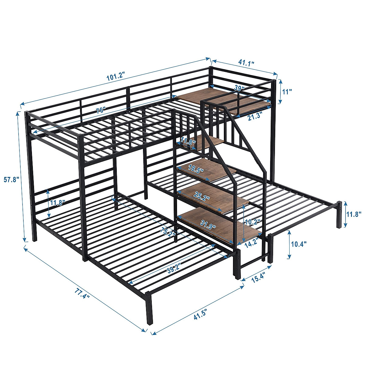 Polibi L-Shaped Twin Size Metal Triple Bunk Bed with Storage Shelves Staircase, Twin Over Twin & Twin Triple Bunk Beds, Black