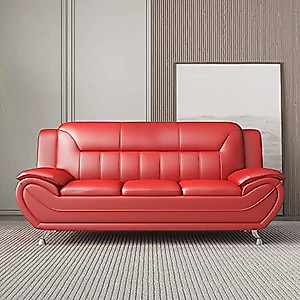 Container Furniture Direct Michael Modern Faux Leather Upholstered Stainless Steel Legs Living Room, Sofa, Persian Red