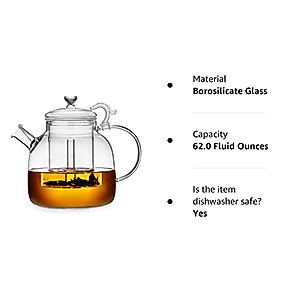 DOPUDO GRANDEUR Glass Teapot, 1850ml/ 62oz Glass Kettle with Removable Infuser, Borosilicate Glass Tea Pot for Stovetop, Loose Leaf and Blooming Tea Maker