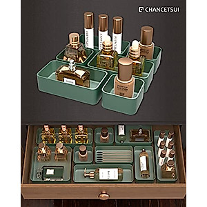 6 Pcs Stackable Drawer Organizer Set Desk Drawer Dividers, Bathroom Vanity Cosmetic Makeup Trays , Multipurpose Clear Plastic Storage Bins for Jewelries, Kitchen Gadgets and Office Accessories, Green