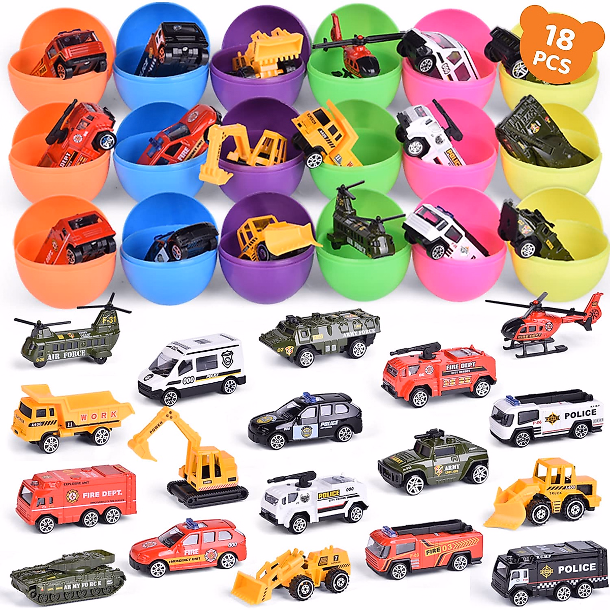 FUN LITTLE TOYS 18Packs Easter Eggs Prefilled with Die-cast Cars Toy Vehicles for Toddlers, Easter Party Favors / Basket Stuffers, Goodie Bags Fillers, Classroom Prizes