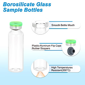 PATIKIL 12pcs 30ml Clear Borosilicate Glass Sample Vials with Aluminum Plastic Cap and Rubber Stopper for Lab Solid Liquid Powder Storage, Green Silver Tone