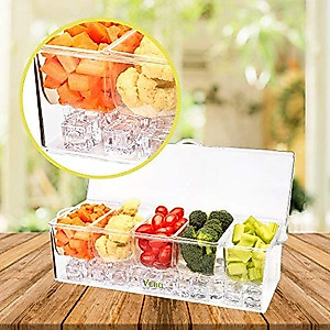 VEBO Ice Chilled 5 Compartment Condiment Server Caddy - Serving Tray Container with 5 Removable Dishes with over 2 Cup Capacity Each and Hinged Lid | 3 Serving Spoons + 3 Tongs Included