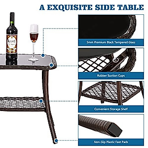 MAGIC UNION Rattan Rockers Outdoor Furniture 3 Piece, Rocking Chairs Wicker Patio Bistro Set with Side Table, Outdoor 360°Swivel Rocker Chairs with Padded Cushions (Dark Red)