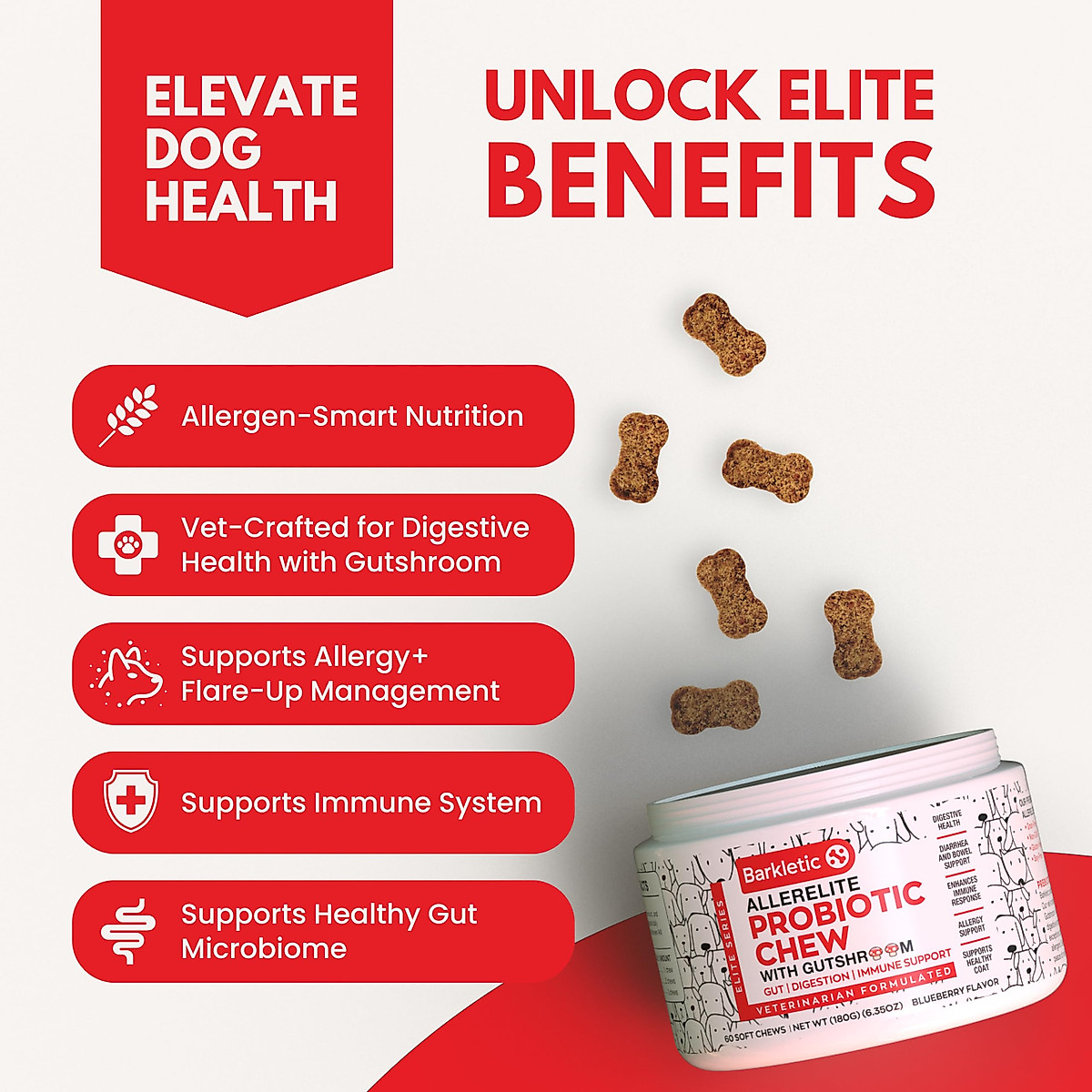 Barkletic Pet Probiotics for Dogs with Gutshroom – Digestive Health, Gut Flora, Allergy & Immune Support, Prebiotic, Enzymes, Natural Superfood, 3 Billion CFU, Free of Common Allergens | 60 Soft Chews