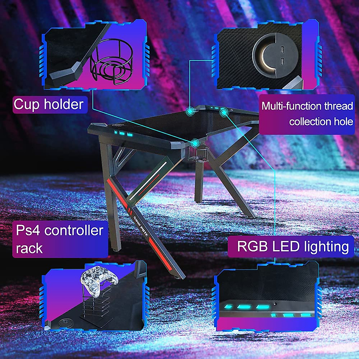 N /A NEWPUTE Office Gaming Desk 43.31"x23.62", Computer Table, K Shaped E-Sports Racing Desk with Led Lights, Controller Stand, Cup Holder, Headphone Hook All in One for Home Office…