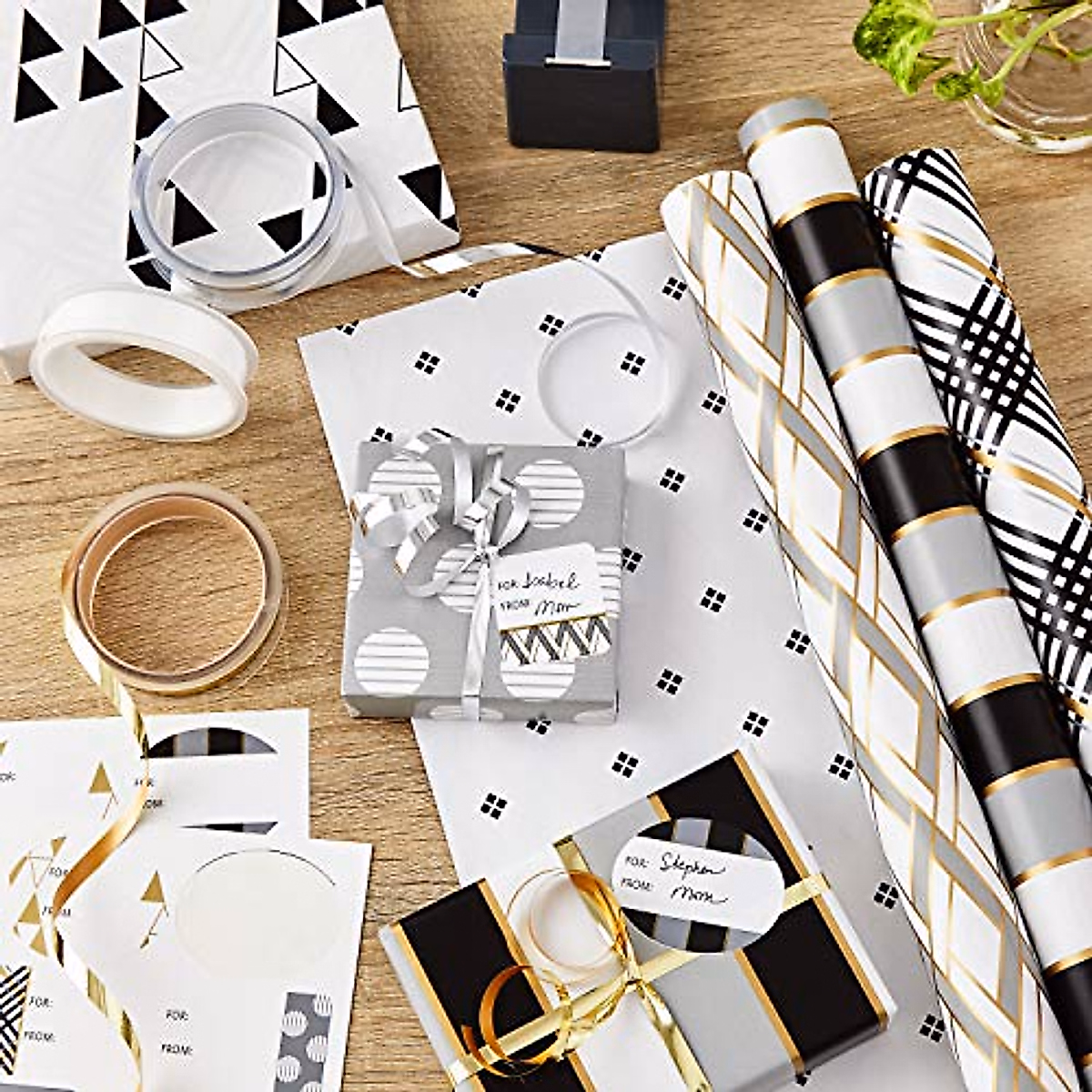 Hallmark Reversible Wrapping Paper Bundle with Ribbon & Gift Tag Stickers - Black, Gold Stripes, Plaid (3 Pack, 120 sq. ft. ttl, 30 Yds. Mini Ribbon, 36 Labels) for Graduations, Weddings, Christmas