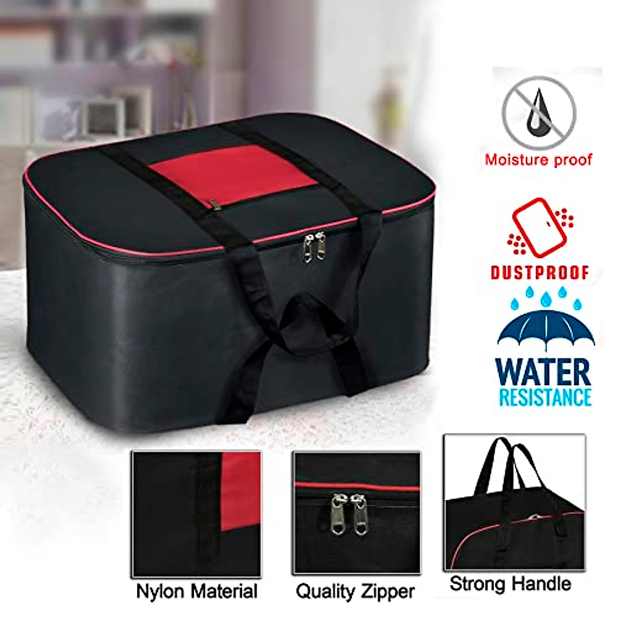 Storite Nylon Big Underbed Storage Bag Moisture Proof Cloth Organiser with Zippered Closure and Handle(BlackRed, 54x46x28cm) Rectangular (1 Pack)