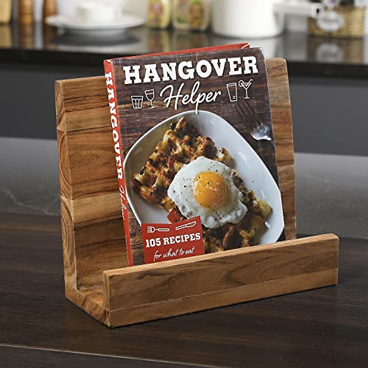 MyGift Tabletop Wooden Cookbook Stand, Solid Acacia Wood Recipe Book Holder, Countertop Tablet Easel Stand