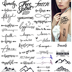 Dopetattoo 36 Designs Temporary Tattoos Faith Words Hope Love Happiness Letters Believe Fake Tattoos for Women Girls Men Adults