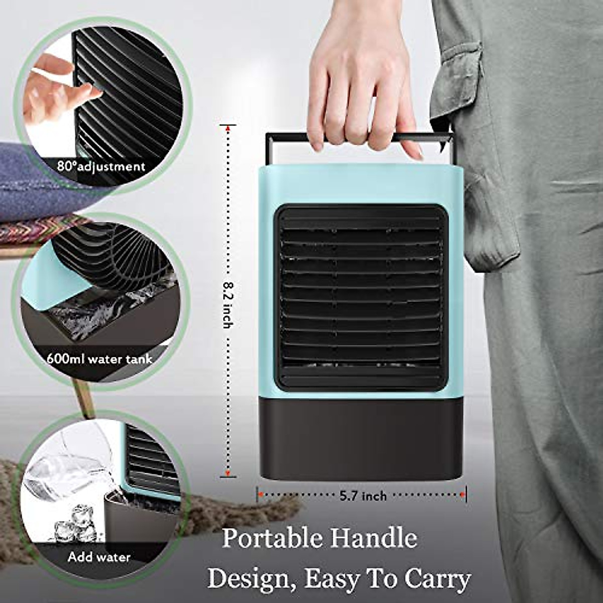 OVPPH Portable Air Conditioner Fan, Personal Air Cooler Desk Fan Mini Space Evaporative Cooler for Room Home Office Dorm (Blue)