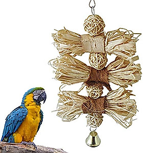 SONGBIRDTH Parrot Chew Toys - Parrot Bird Chew Bites Natural Raffia Fiber Ball Bell Cage Hangings Pet Play Toy for Medium and Small Parrot