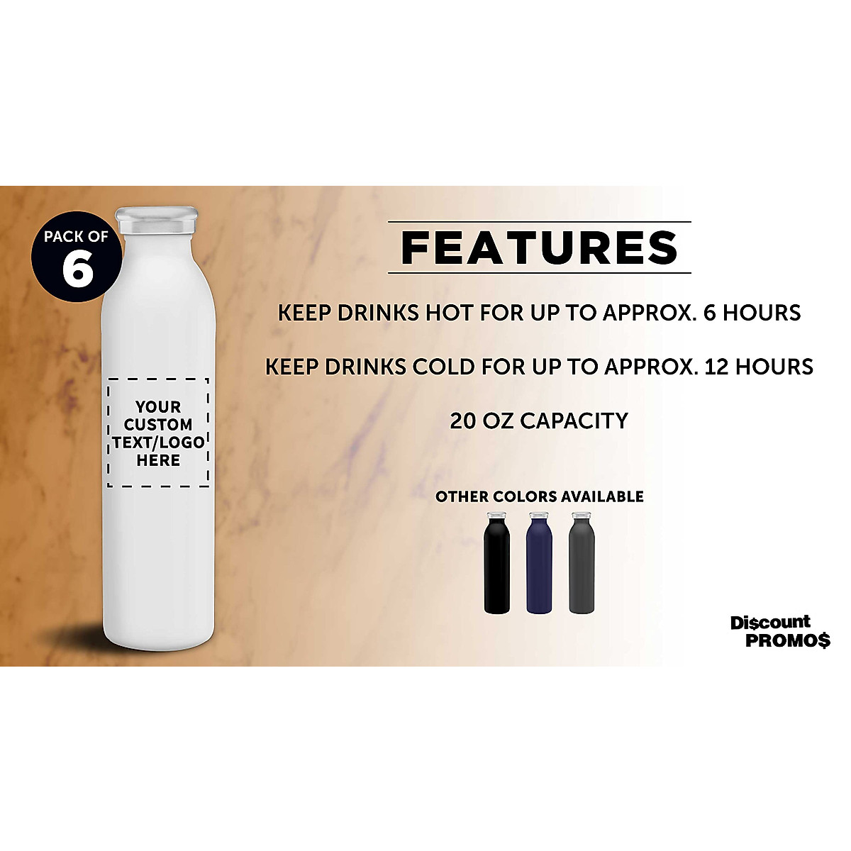 DISCOUNT PROMOS Custom Posh Stainless Steel Water Bottles 20 oz. Set of 6, Personalized Bulk Pack - Double Wall, Perfect for Coffee, Soda, Other Hot & Cold Beverages - White