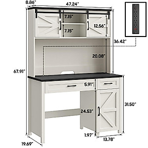 Farmhouse 47" Executive Desk, Computer Desk with 2 Drawers and Storage Cabinet, Home Office Desk with Hutch, Charging Hub, Workspace for Work and Study,Black