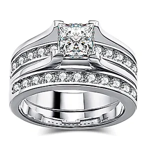 Bridal Sets White Gold Plated Womens Wedding Ring Sets Princess Cut Cz Engagement Ring 2pcs Wedding Band