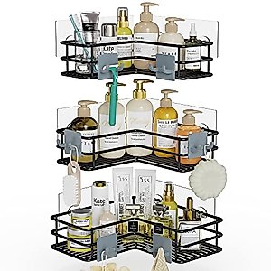 Purdaz Corner Shower Caddy,3 Pack Adhesive Large Shower Caddy with Movable 6 Hooks Shower Shelves No Drilling Rustproof Shower Shelf for Bathroom Shower Storage for Inside Shower Organizer,Black