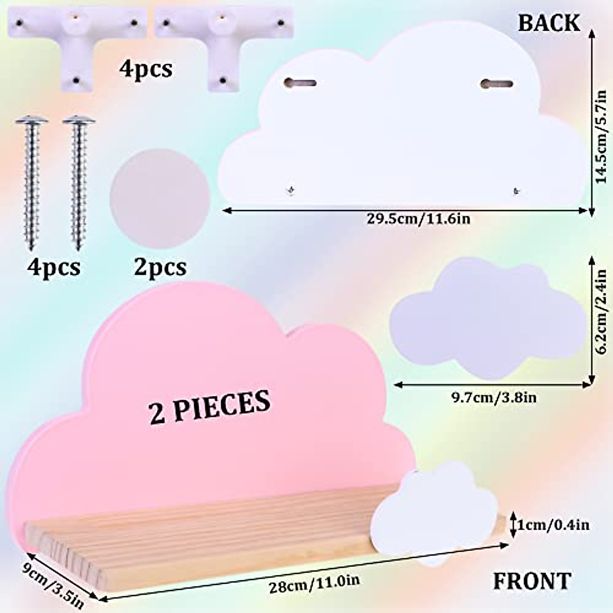 Haomian 2 Pcs Pink Cloud Shelves for Children’s Nursery Or Bedroom,Kids Nursery Room Shelves,Floating Bedroom Baby Book Shelf Storage Shelf, Cloud Floating Wooden Shelf Wall Decoration