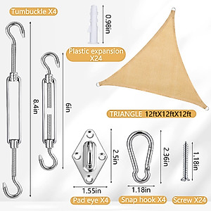 Amylove 12' x 12' x 12' Triangle Sun Shade Sail with 60 Pcs Stainless Shade Sail Hardware Kit Shade Canopy Water Permeable UV Block Cover for Outdoor Backyard