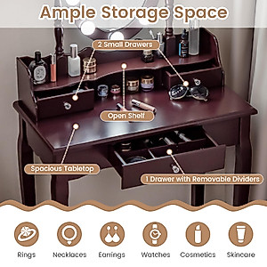 GOFLAME Vanity Table Set with Rotatable Mirror, Makeup Vanity Desk with 3-Color Dimmable LED Lights, 3 Drawers and Cushioned Stool, Dressing Table Set for Bedroom Studio (Brown)