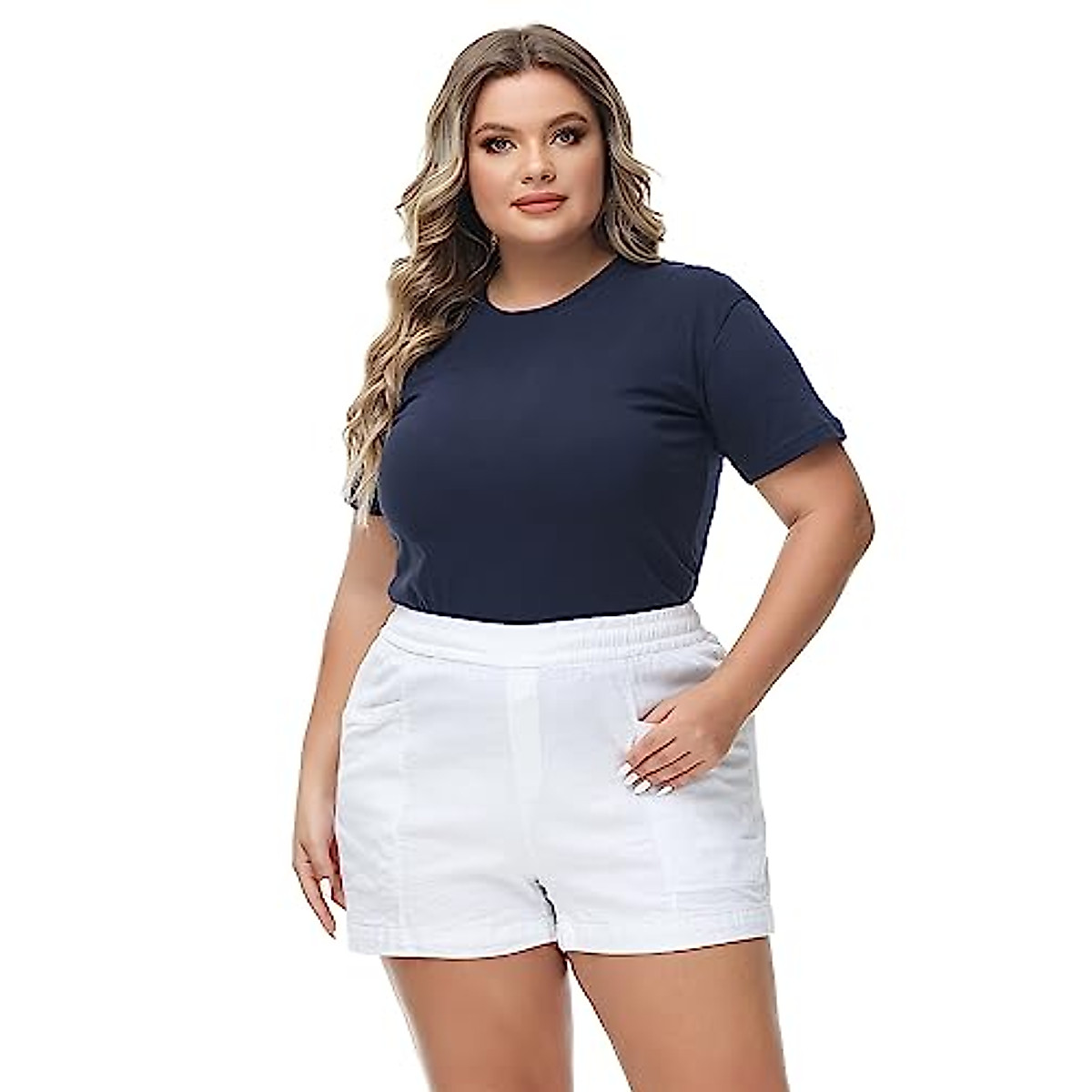 MCEDAR Linen Blend Shorts for Women Drawstring Elastic Waist Plus Size Beach Pants with Pockets White-AS