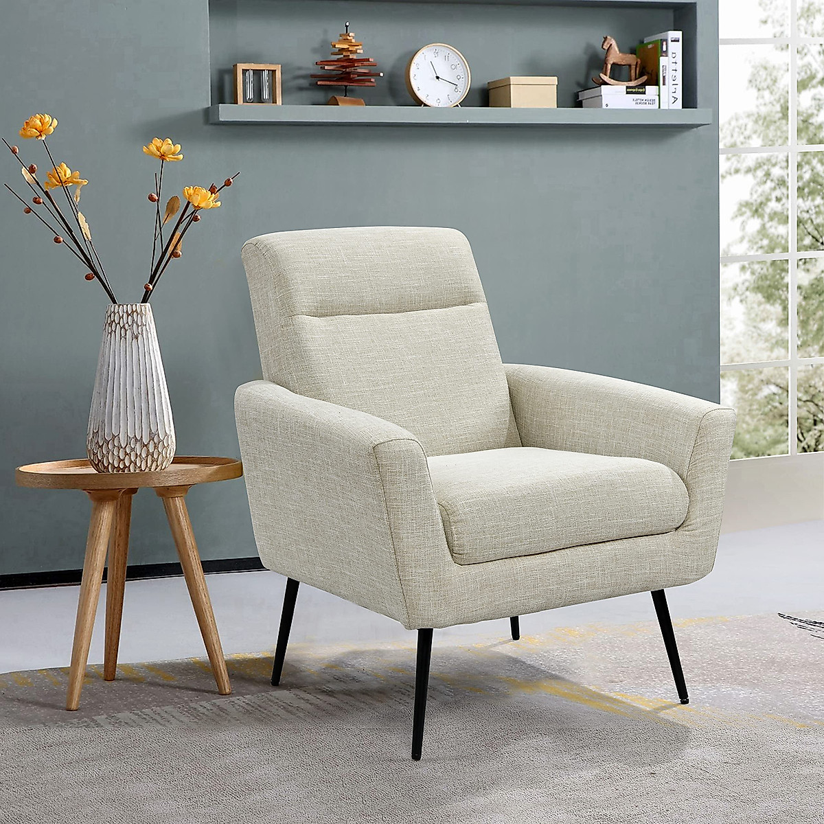 LCH Mid Century Modern Upholstered Fabric Accent, Living Room, Bedroom Leisure Single Sofa (Metal Legs), TV armrest seat, Suitable for Small Space Home, Office, Coffee Chair, Beige