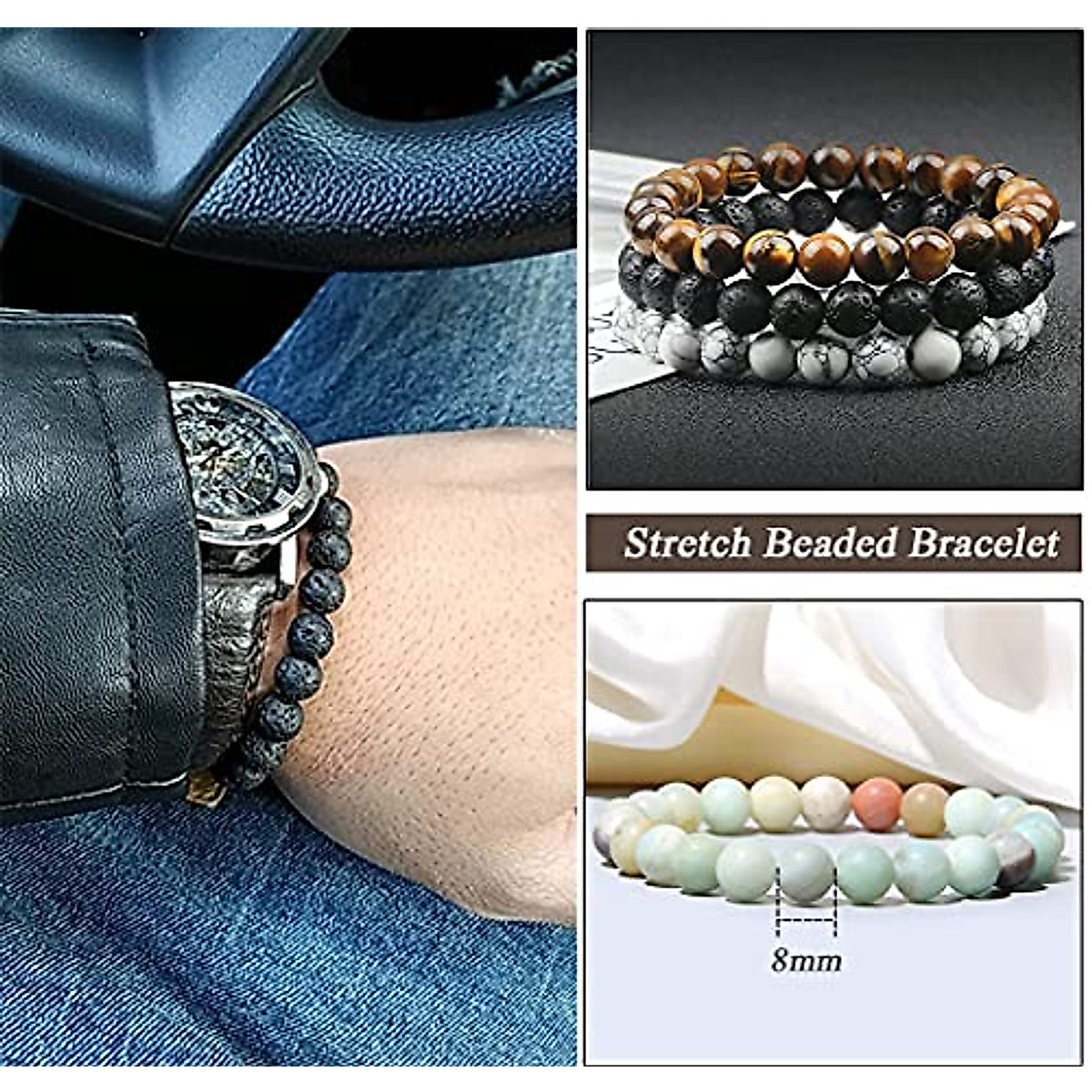 Jewdreamer 12Pcs Healing Stone Beaded Bracelets for Women Men Semi-Precious Gemstones Bracelets Crystal Beaded Bracelet Unisex Adjustable Stretch Bracelets 8MM