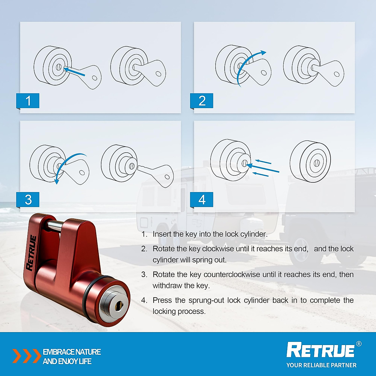RETRUE Trailer Coupler Tongue Lock with Rubber Cap, Aluminum Alloy Trailer Hitch Lock,Dia 1/4 Inch, 7/10 Inch Span for Tow Boat RV Truck Car's Coupler Easy Lock, Red