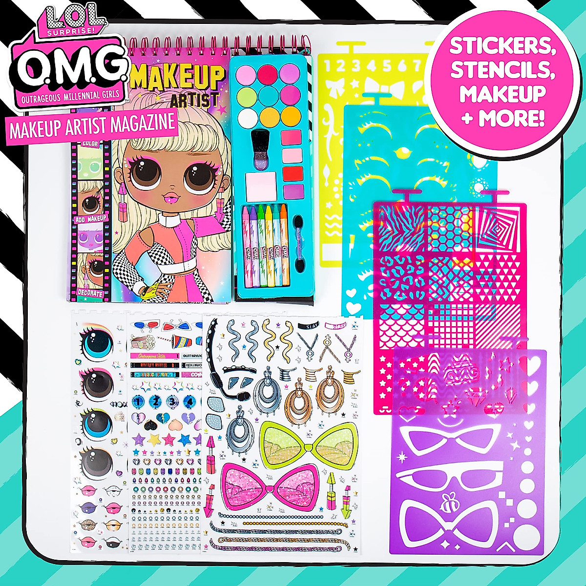 Horizon Group USA L.O.L. Surprise! O.M.G. Make-Up Artist Magazine, Double Feature Series, Includes Spiral-Bound Make-Up Sketchbook, Crayons, Stickers, Surprise Scratch Reveal Stickers & More
