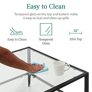 Best Choice Products 32” Square Glass Coffee Table, Large 2-Tier Accent Furniture for Living Room, Bedroom w/Metal Frame, Glass Shelves - Black