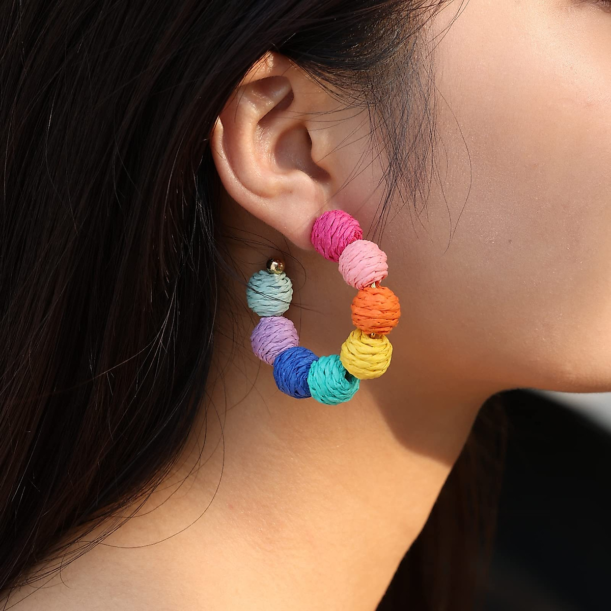 Colorful Statement Raffia Hoop Dangle Earrings for Women - Fun Summer Rattan Beach Vacation Jewelry Teacher Gifts (Colorful)