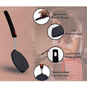 Silicone Pancake Spatula | Wide Beveled Edge Flipper with Stainless Steel Curved Handle | Heat Resistant Non-Stick Cooking