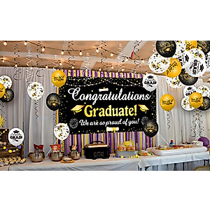 AKEROCK Graduation Decorations Class of 2025, Congratulations Graduate Banner for Graduation Party Decorations, Graduation Banner/Congrats Grad Banner, 32 Balloons & 10 Hanging Swirls Included - Black