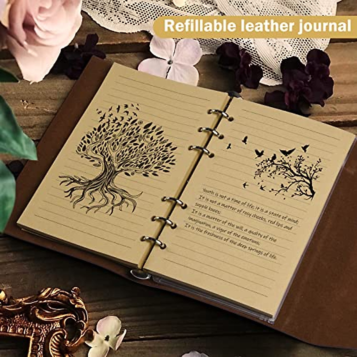 Leather Journal, Leather Notebook, Travel Journal for Women Men, Vintage Journal for Writing, Lined Pages Refillable Notebook, 6 Ring Binder A6 Diary with Pockets, Leather Gift for Traveler, 3pcs