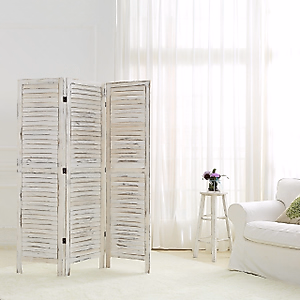 MyGift Whitewashed Wood 3 Panel Screen, Folding Louvered Room Divider