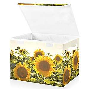 RunningBear Sunflower Field Large Storage Bins with Lid Collapsible Storage Bin Laundry Baskets Decorative Storage Box for Rooms Playroom Shelves
