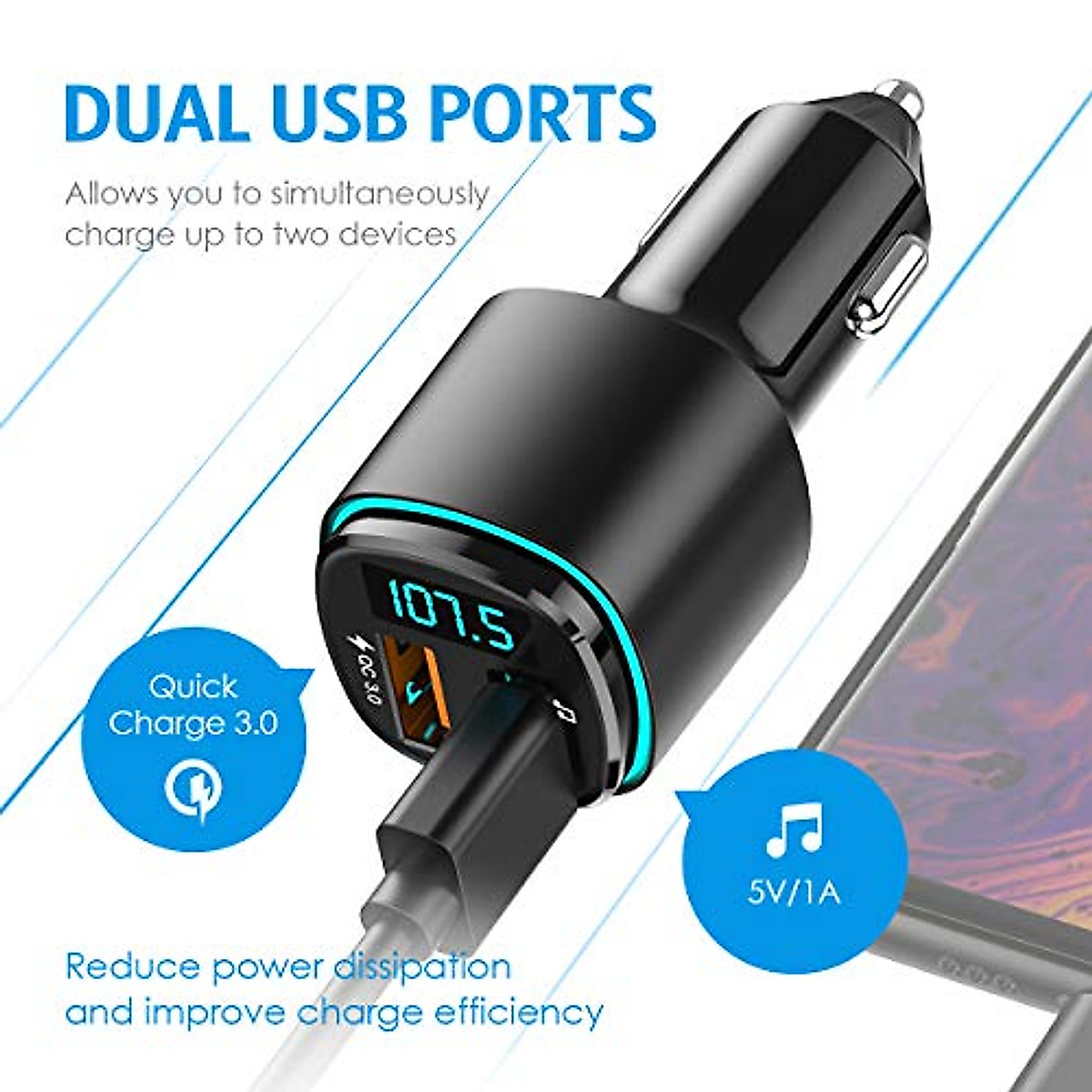 Upgraded Criacr V5.0 Bluetooth FM Transmitter for Car, QC3.0 Charge & 7 RGB Color LED Backlit Wireless FM Radio Car Adapter, Support Siri Google Assitant, U Disk, SD Card, Hands-Free Calls Kit
