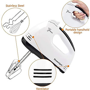 Showvigor 7-Speed Hand Mixer, 5-Piece Set, 2 Stainless Steel Dough Hooks, 2 Stirrers, 1 Traditional Whisk, Hand Mixer Electric Handheld for Stirring Meat, Dough, Eggs, Dishwasher Safe(White)