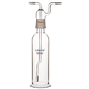 Labasics Gas Washing Bottle, Borosilicate Glass 34/34 Stopper Gas Bubbler Gas Washing Bottle with Fritted Disc and 8 mm OD Inlet/Outlet Hoses, 500 ml