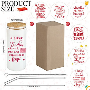 Rtteri 6 Pcs Teacher Gifts Teacher Appreciation Gifts Teacher Glass Cups 20 oz Drinking Glasses Glass Tumbler with Straw and Lid and Brushes Teacher Tumbler for Women