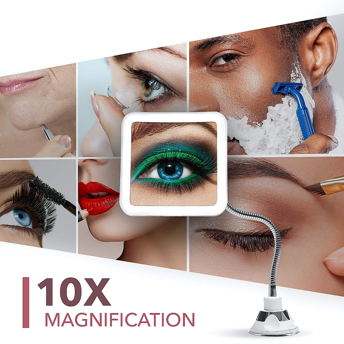 Fancii Flexible Magnifying Mirror 10X with LED Light and Gooseneck, Lighted Travel Makeup Mirror, Lock Suction, Natural Daylight LED, Cordless and Portable (Mira Plus)